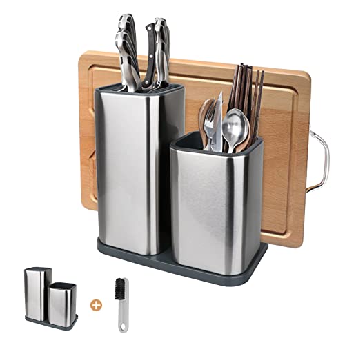 Stainless Steel Universal Knife Holder Block, Yimerlen Knife Holder Storage with Cutting Board Stand, Multifunction Knife Organizer for Kitchen Counter (with Cleaning Brush)