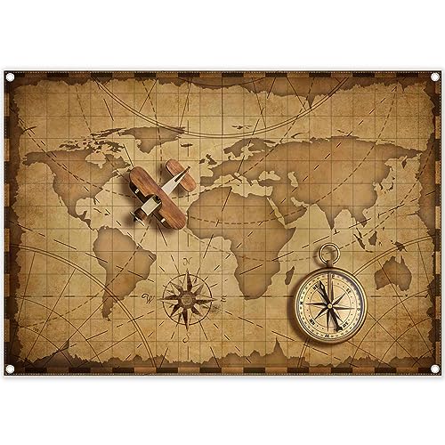 Swepuck 84x60inch Vintage World Map Backdrop Airplane Travel Photography Background Kids Birthday Party Decorations Baby Shower Photo Booth Props