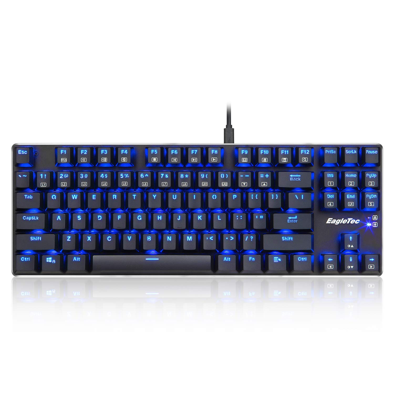 EagleTec KG060-BR LED BLUE Backlit Mechanical Gaming Keyboard Low Profile Mechanical Gamers Keyboard 87 Key Metal Mechanical Computer USB Gaming Keyboard for PC (BLACK)
