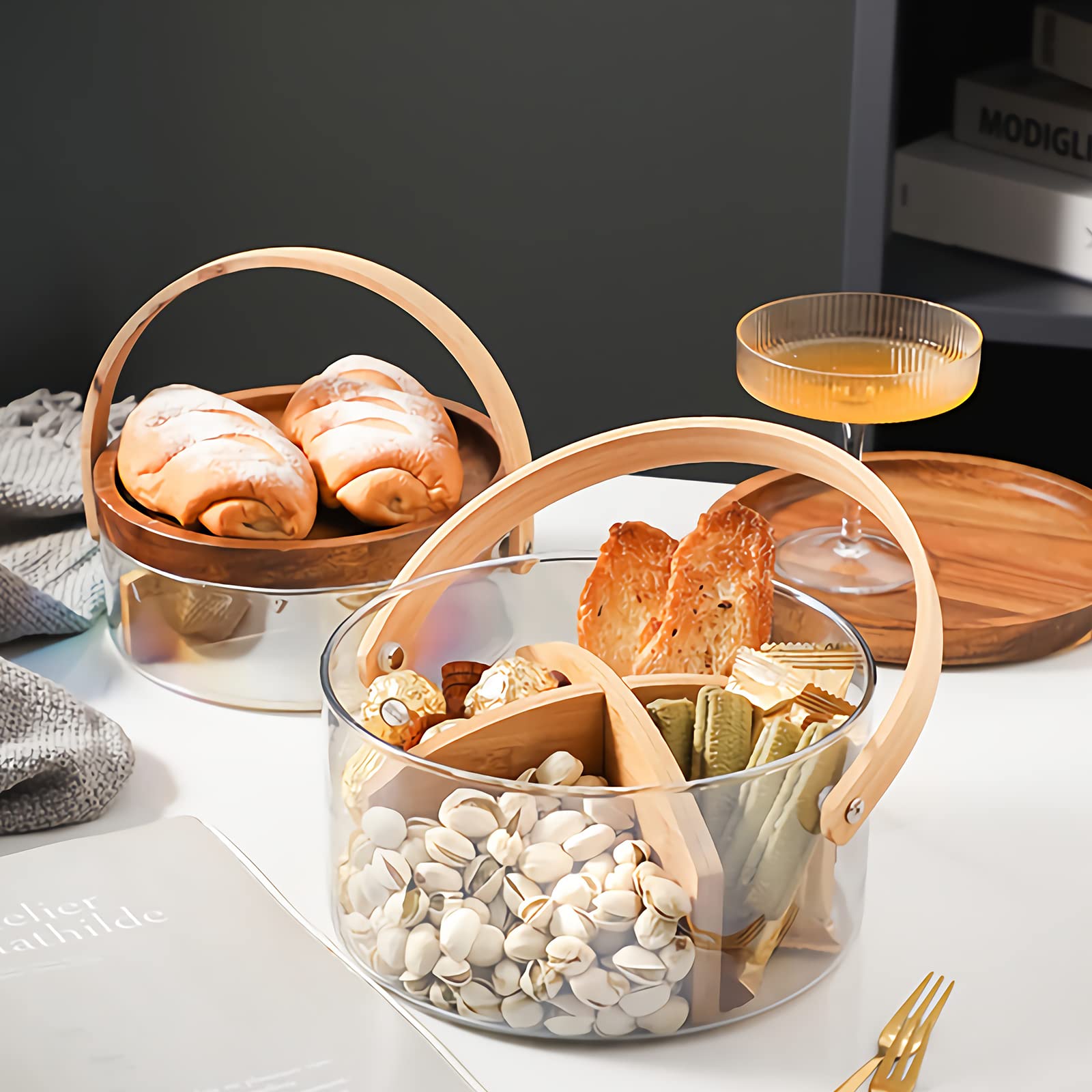 Funnyroom Clear Glass Fruit Serving Bowl, Nuts Dry Fruit Snack Tray with Wood Divider and Lid, Berry Vegetables Basket with Handle for Kitchen Fridge Storage Containers (Glass Basket-Large)