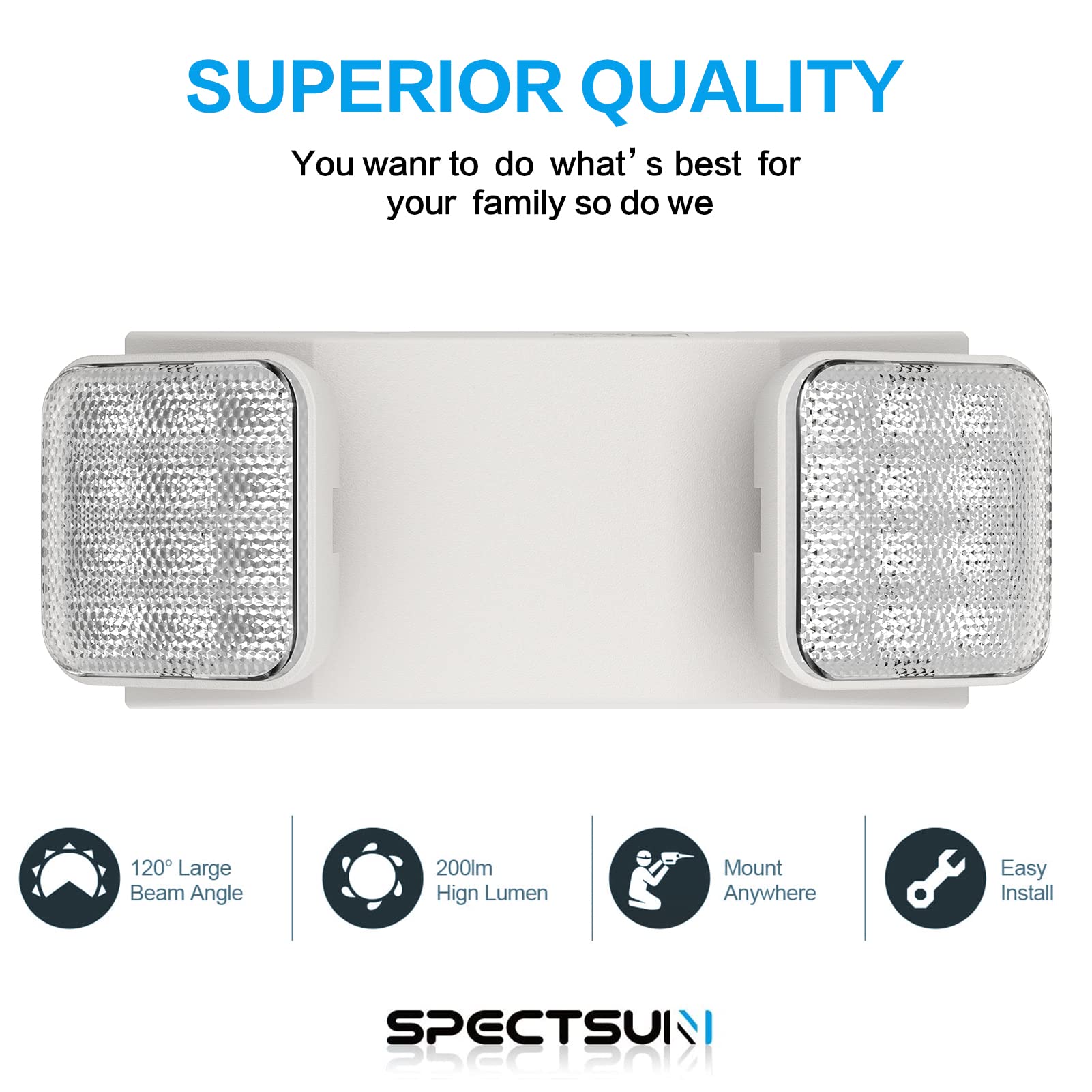 SPECTSUN Emergency Light White, Commercial Emergency Light with Battery Backup, Emergency Lighting Fixture/Emergency Light Combo/Emergency Sign Light//Emergency Light Home - 1 Pack (Square Head)