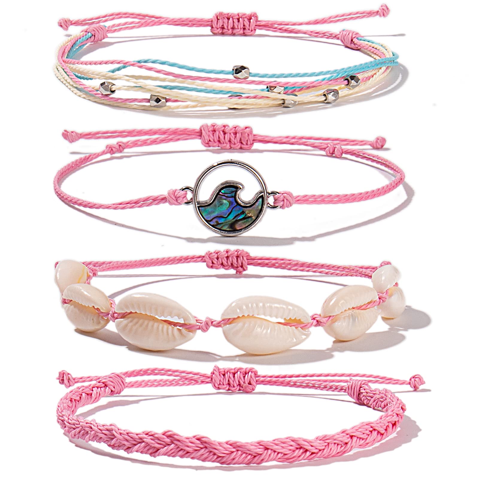 FANCY SHINY Wave String Bracelets Braid Puka Shell Bead Bracelets Handmade Cute Trendy Boho Jewelry Gifts for Women(Pink)