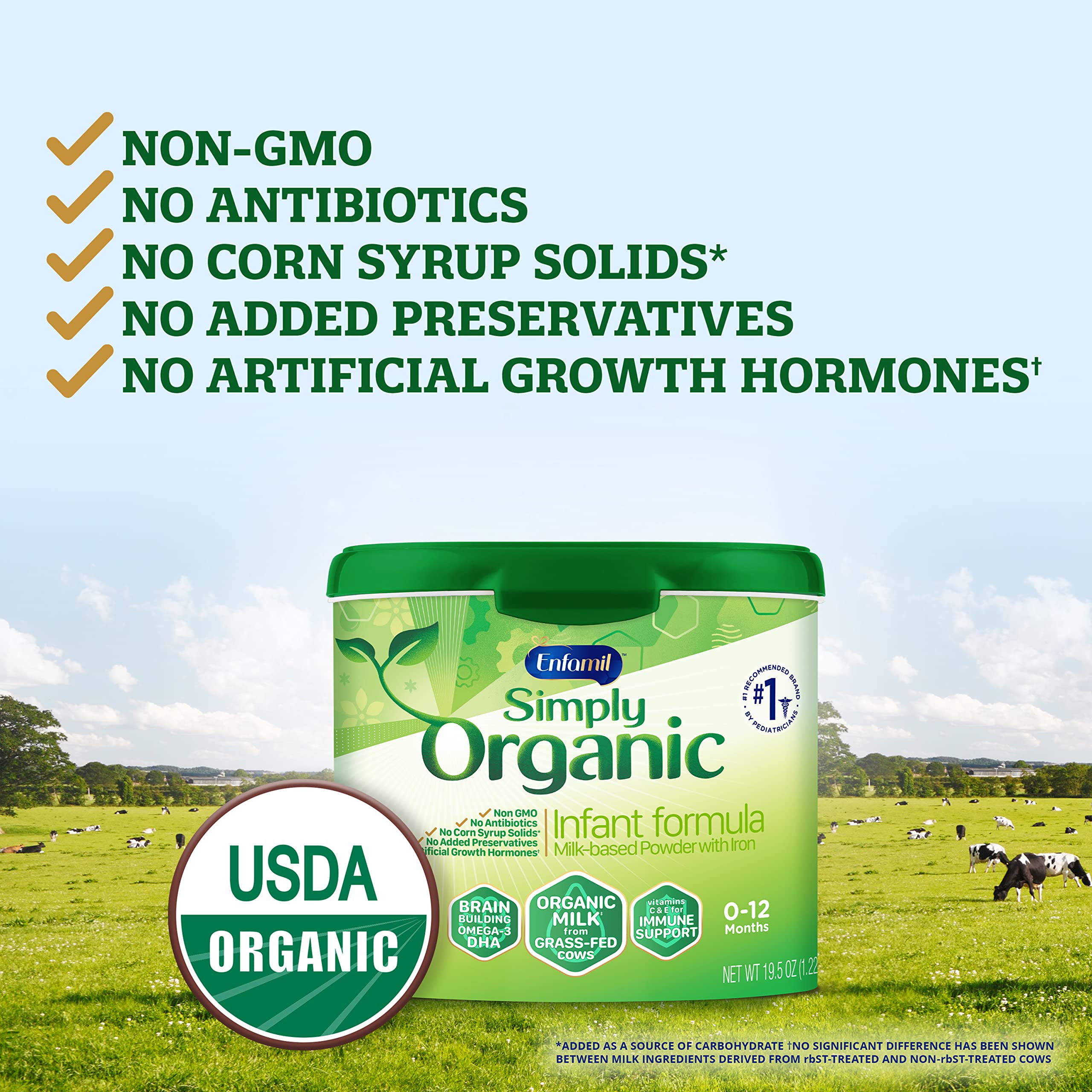 Enfamil Organic Baby Formula, Simply Organic by Enfamil, Organic Milk from Grass-Fed Cows, Milk-Based Powder with Iron, Non-GMO, Powder Tub