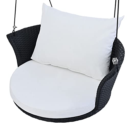 P PURLOVE Single Person Wicker Hanging Seat,Porch Swing Bench with Hanging Ropes,Cushion, Pillow, Rattan Swing Bench for Garden, Backyard, Pond