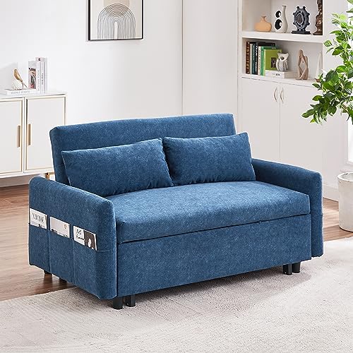 Merax, Blue 55.1" Pull Out Sleep Sofa Bed Loveseats Couch with Adjsutable Backrest,Storage Pockets,2 Soft Pillows for Living Room,Bedroom