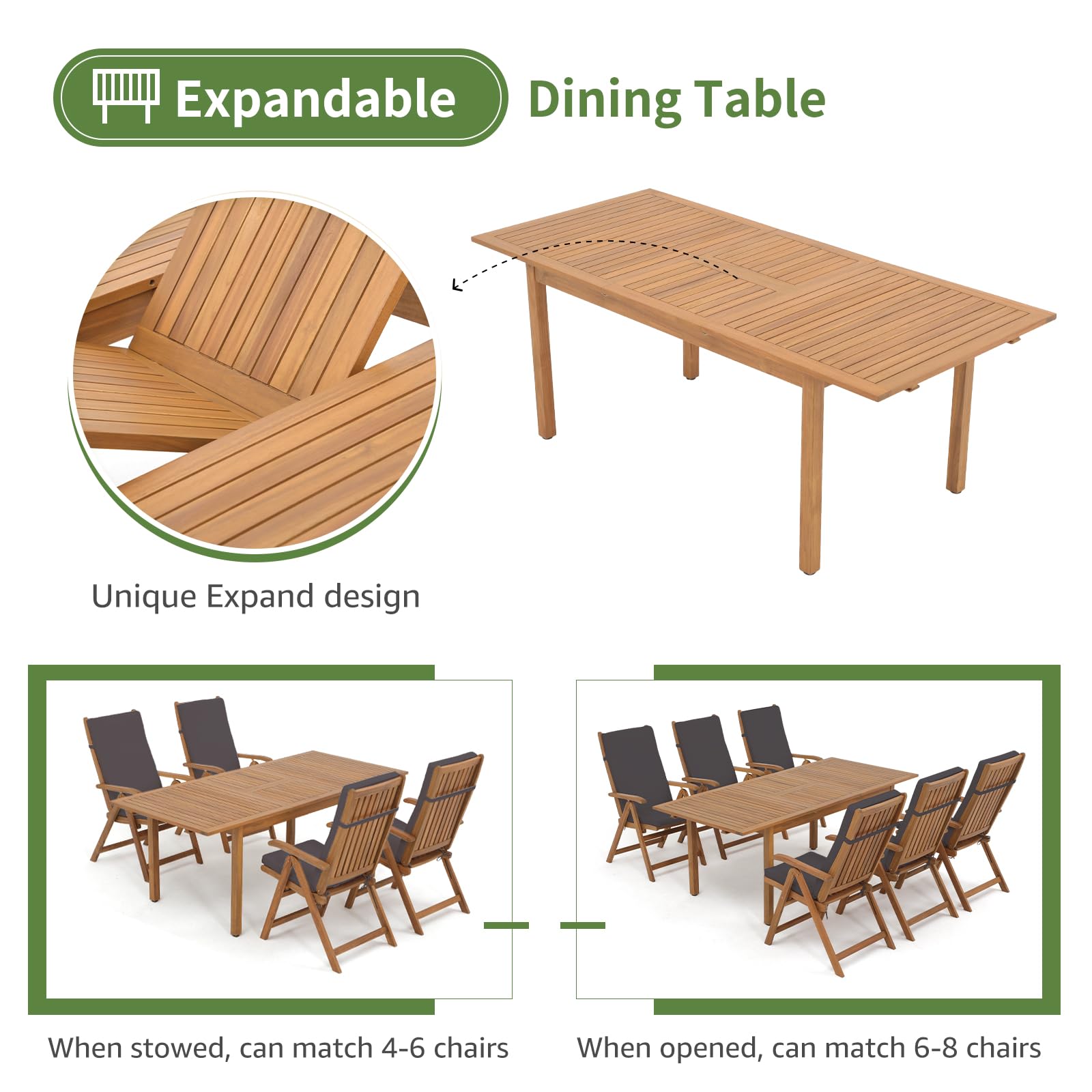 OC Orange-Casual 7 Piece Patio Dining Set, Outdoor Acacia Wood Furniture Set w/Extendable Rectangular Table and 6 Foldable Reclining Chair, FSC Certified, for Deck Garden Backyard, Beige