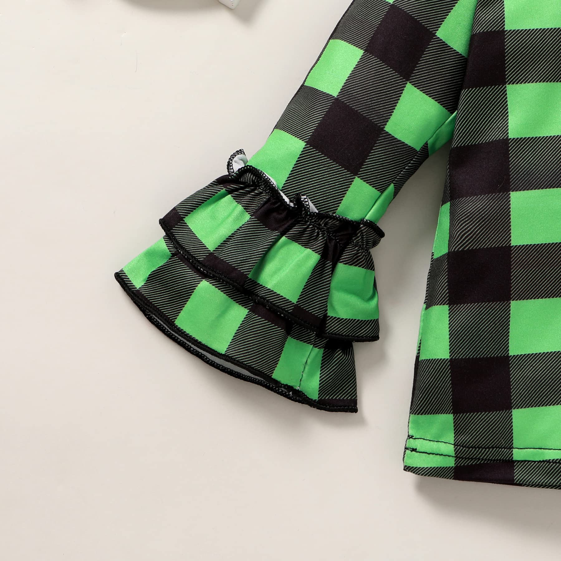 YOUNGER TREE Toddler Girl St Patricks Day Outfits Four-Leaf Clover Sweatshirt Clothes Saint Patrick's Day Ruffle T Shirt Tops + Bell Bottoms Pants (Green Plaid A, 4-5T)