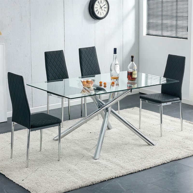 Dining Chairs Set of 4, Upholstered Dining Room Chairs with High Backrest and Silver Metal Legs, Modern Leather Armless Kitchen Chairs for Living Room, Dining Room, Restaurants, Bedroom, White