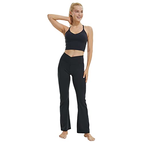 viehunt Womens Crossover Flare Leggings High Waisted Casual Cute Stretchy Full Length Workout Elegant Yoga Pants Black X-Large