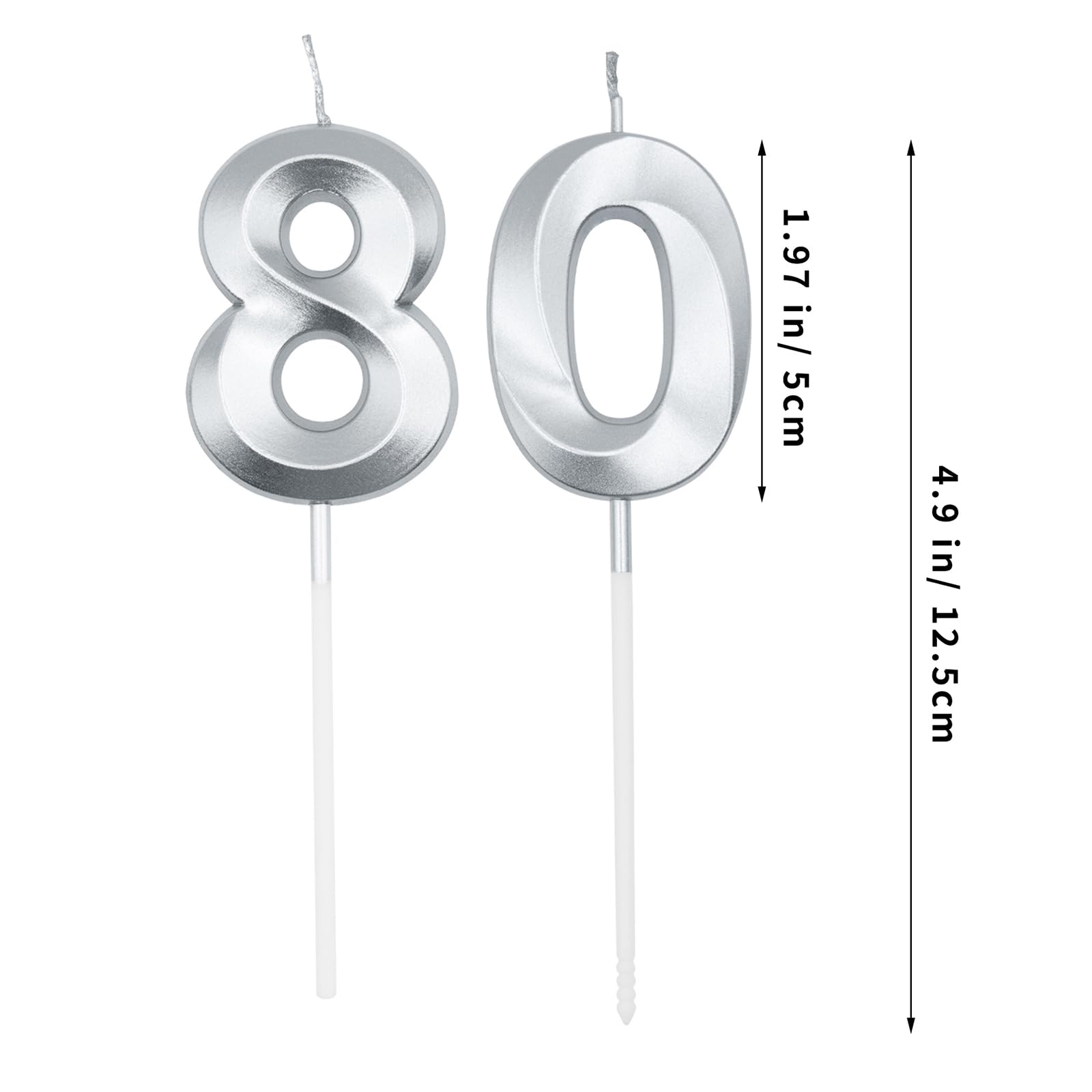 Silver 80th Birthday Candles for Cakes, Number 80 Candle Cake Cupcake Topper for Birthday Anniversary Party Decoration