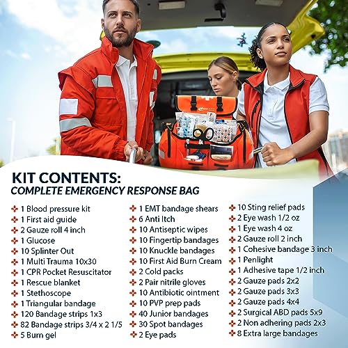 MFASCO First Aid Kit - Fully Stocked Portable Reflective Bag - First Responder Emergency Response Kit - for Natural Disaster Preparedness - Customizable Storage - Includes 415 Pcs First Aid Supplies
