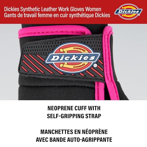 Dickies Heavy Duty Synthetic Leather Work Gloves Women, Touchscreen Compatible | Mechanic, Gardening Gloves, Black/Pink, Small