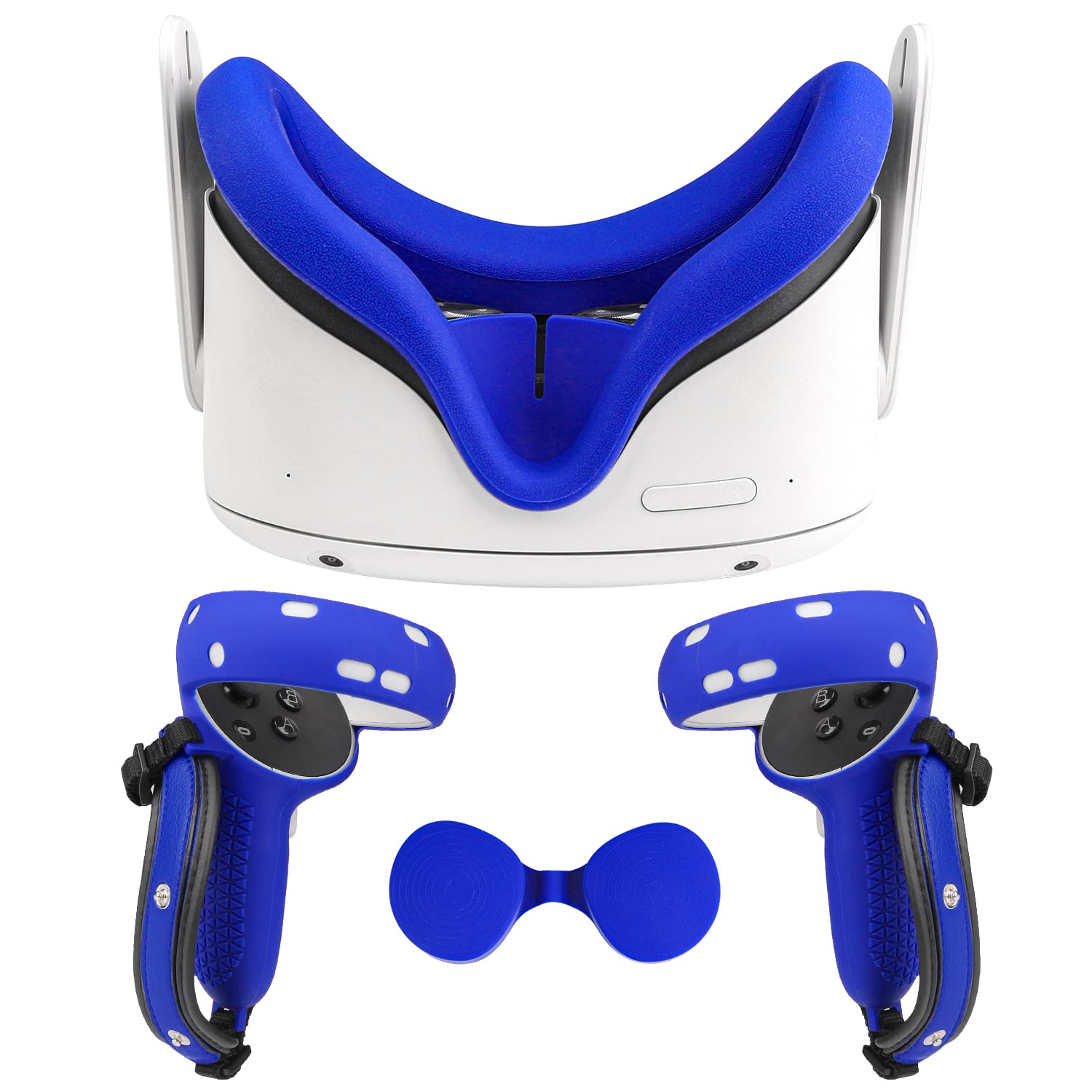 EWalos Accessories for Oculus/Meta Quest 2, Touch Controller Leather Grip Cove, Face Cover and Lens Protective Cover, Sweat-Proof, Light-Proof, Anti-Throw and Comfort-Enhancing Accessories Set(Blue)