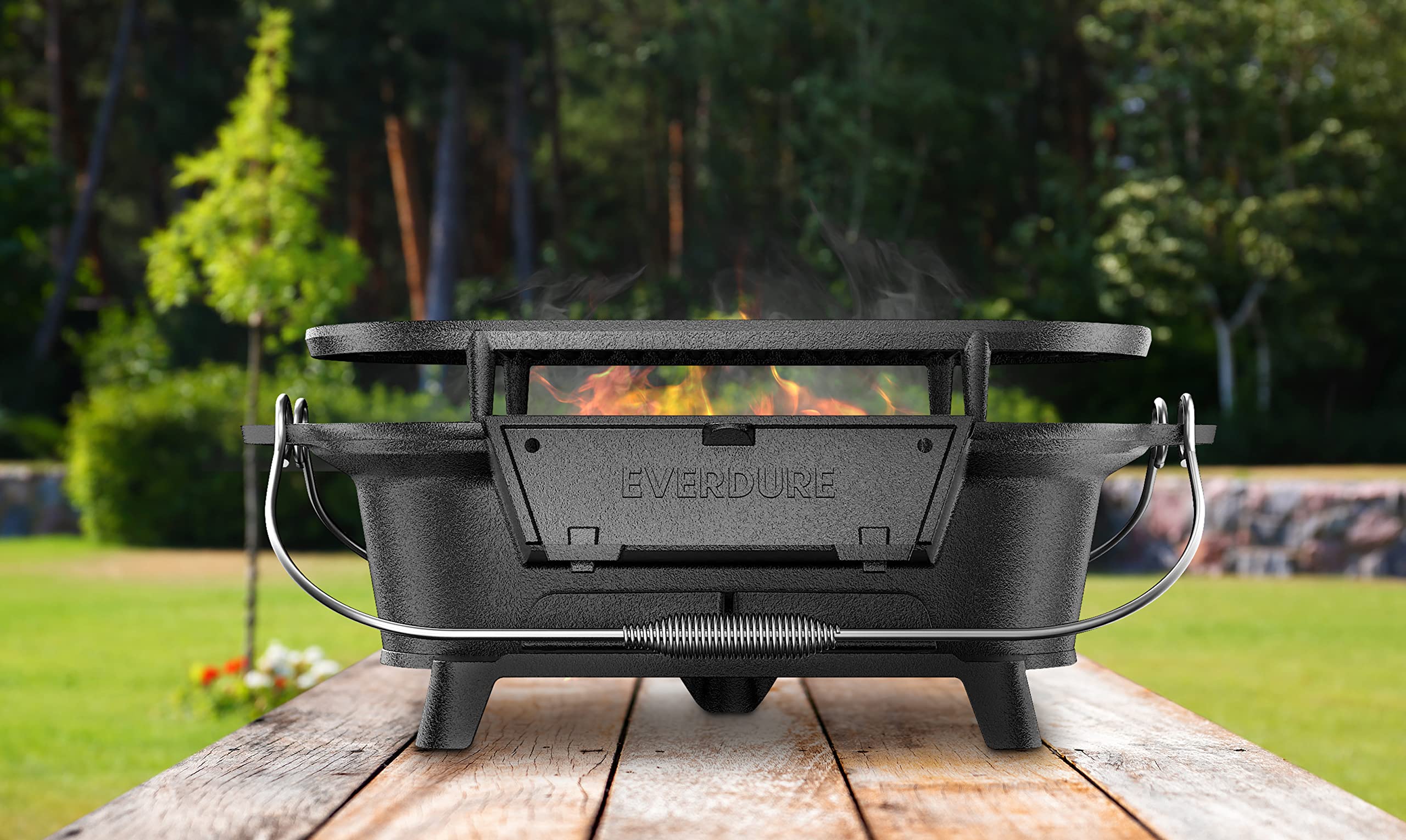 Everdure Oval Cast Iron Grill & Cover β Outdoor, Portable Charcoal Grill and Tabletop Cast Iron Skillet - 100% Cast Iron, Enameled, Durable, Small Charcoal Grill, Camping Stove, Hibachi Grill