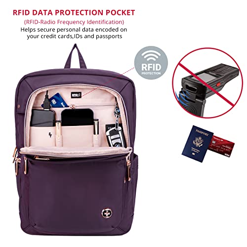 Swissdigital Design Katy Rose Laptop Backpack For Women,College Bookbags With USB Charging Port,Large Capacity Computer Backpacks For Work Business Purple(SD1006F-46)