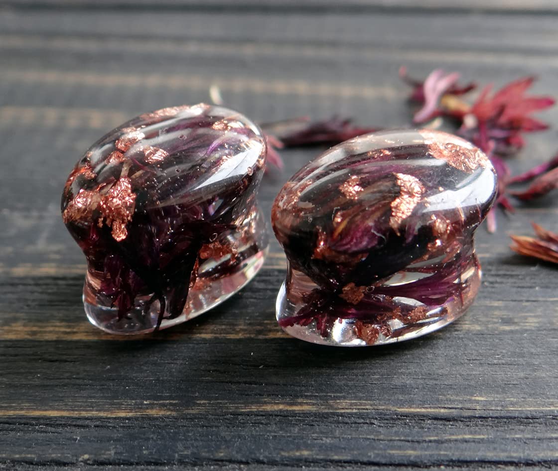ETERNIADA Teardrop Ear gauges and Plugs Black Cornflower Plugs for Women for Men Drop Tunnels gauges with Flowers and Rose Gold Flakes (22mm / 7/8" / Pair)