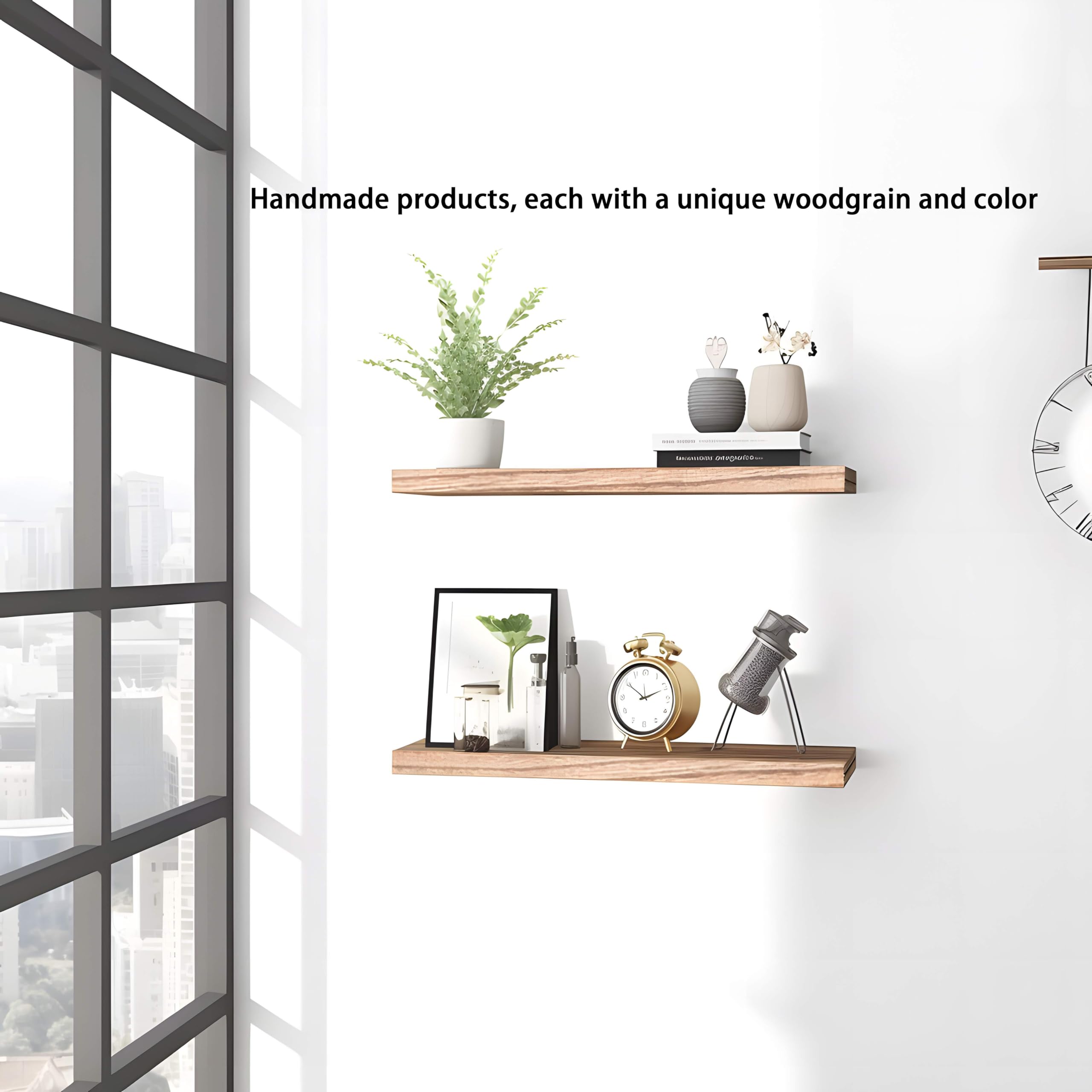 PHPH Wood Floating Shelves for Wall, Wooden Wall Shelves for Bedroom, Set of 6 Light Brown 17 Inch