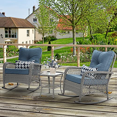 UDPATIO 3 Piece Patio Set Rocking, Rattan Outdoor Rocking Patio Bistro Set with 2 Rockers and 1 Side Table with 4ββ Thick Cushions for Backyard, Porch, Balcony, Poolside(Blue)