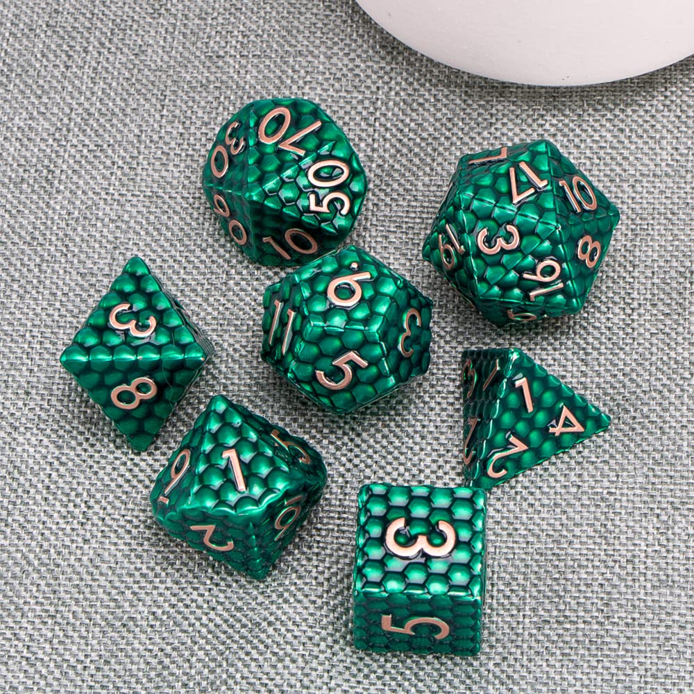 Dungeons and Dragons Dice Metal DND Polyhedral Dice Set, OUKELANWO Green D&D Dice Set with Gift Box, Dragon Scale Dice Set Large 20 Sided Roll RPG Role Playing Games, MTG, Pathfinder, Warhammer