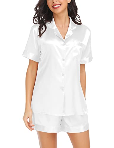 SWOMOG Couple Matching Pajamas Set Satin Short Sleeve Sleepwear Silky Pj Set for Women Button-Down Two-Pieces Nightwear