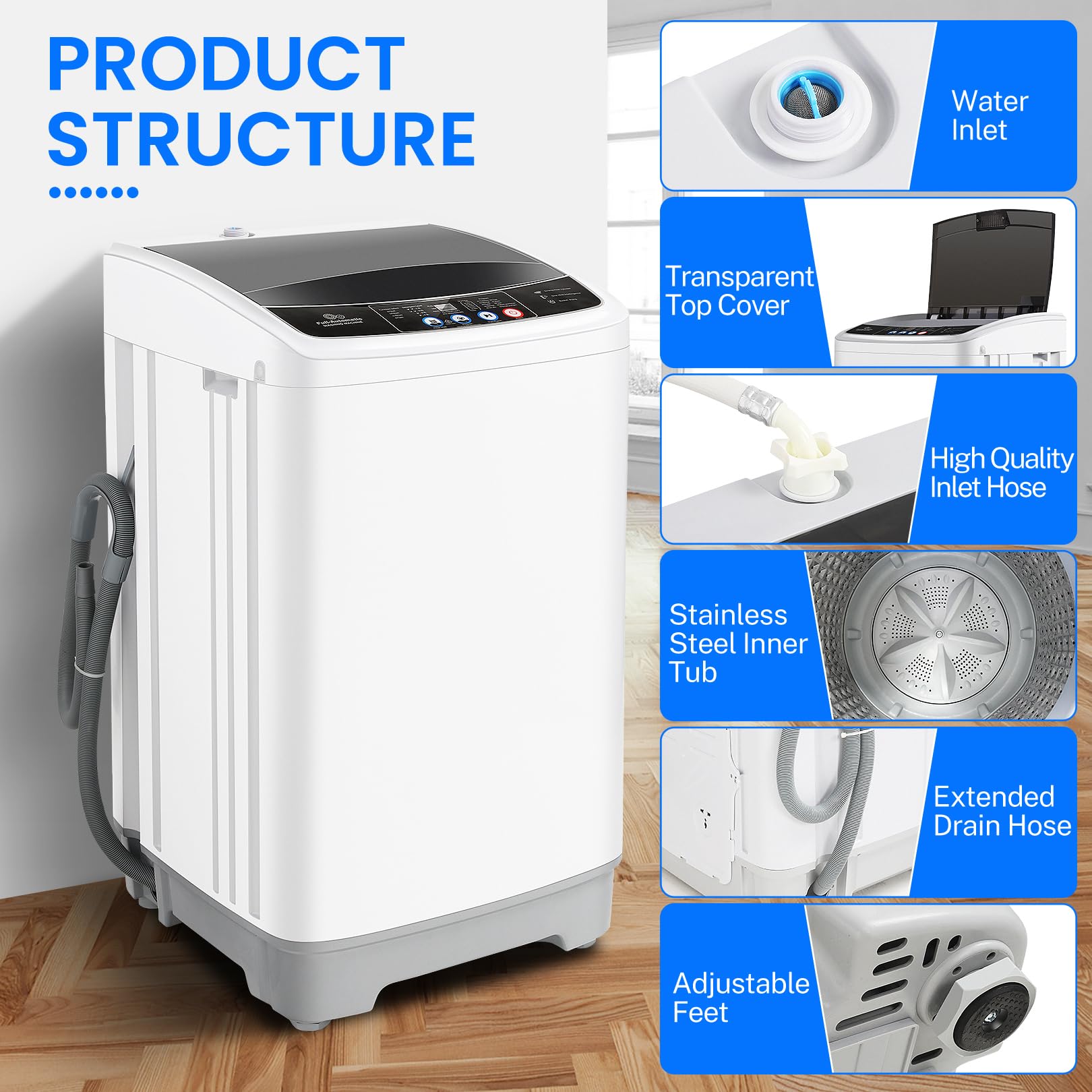 Nictemaw Portable Washing Machine 17.8Lbs Full Automatic Portable Washer, 2.4 Cu.ft Compact Laundry Washer with 10 Programs & 8 Water Levels, Built-in Drain Pump, Energy Saving for Apartment Dorm RV