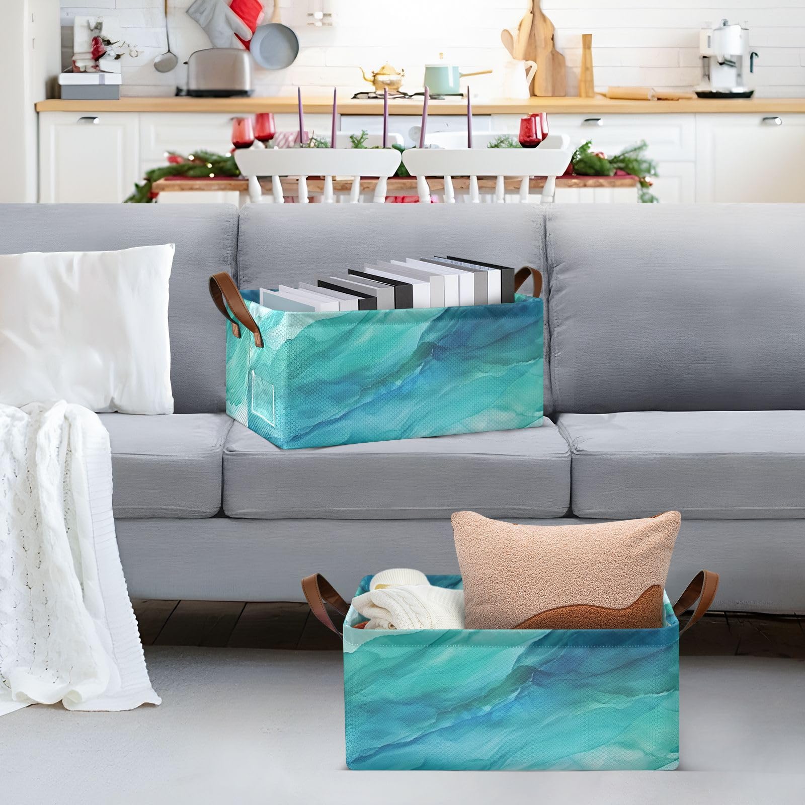 NFMILI Storage Basket Blue Teal Marble Print Storage Bins with Steel Frame,Foldable Storage Cube with Handles 1 Pack