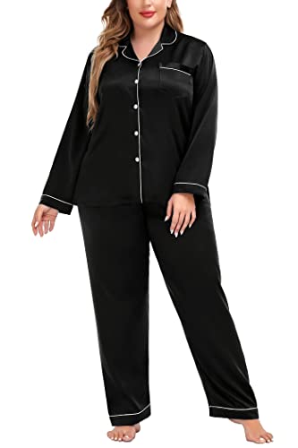 SWOMOG Plus Size Pajamas Long Sleeve Pajama Set Silk Pj Set Button Down Sleepwear Bridesmaid Pjs Satin Pajama Set 18W Black