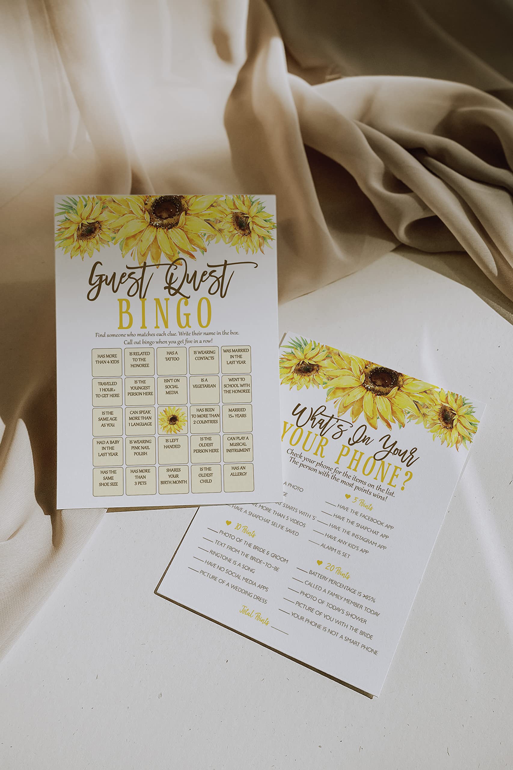 Your Main Event Prints Sunflower Bridal Shower Bachelorette Games - He Said She Said, Find The Guest Quest, Would She Rather, Phone Game - 25 Games Each, Printed Front and Back, 1 Game Per Side