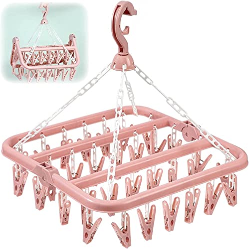 MENFENG Clothes Drying Hanger and Drip Foldable Hanging Sock Rack(32 Clips ) Multifunction Clothes Drying Rack,Rotary Wind-Sock Hanger for Washing line,for Socks, Underwear, Bras, Baby Clothes (Pink)