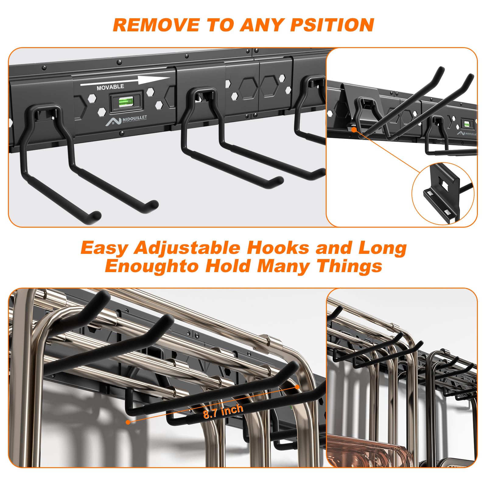 Nidouillet Garage Storage Organization Wall Mount with Bubble Level, 3 PCS Garden Tool Organizer Adjustable Garage Tool Organizer, Folding Chair Hangers with 2 Hooks 16" Tracks Max 350lb