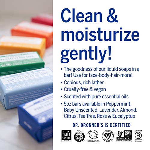 Dr. Bronner's - Pure-Castile Bar Soap (Peppermint, 5 ounce, 8-Pack) - Made with Organic Oils, For Face, Body and Hair, Gentle and Moisturizing, Biodegradable, Vegan, Cruelty-free, Non-GMO