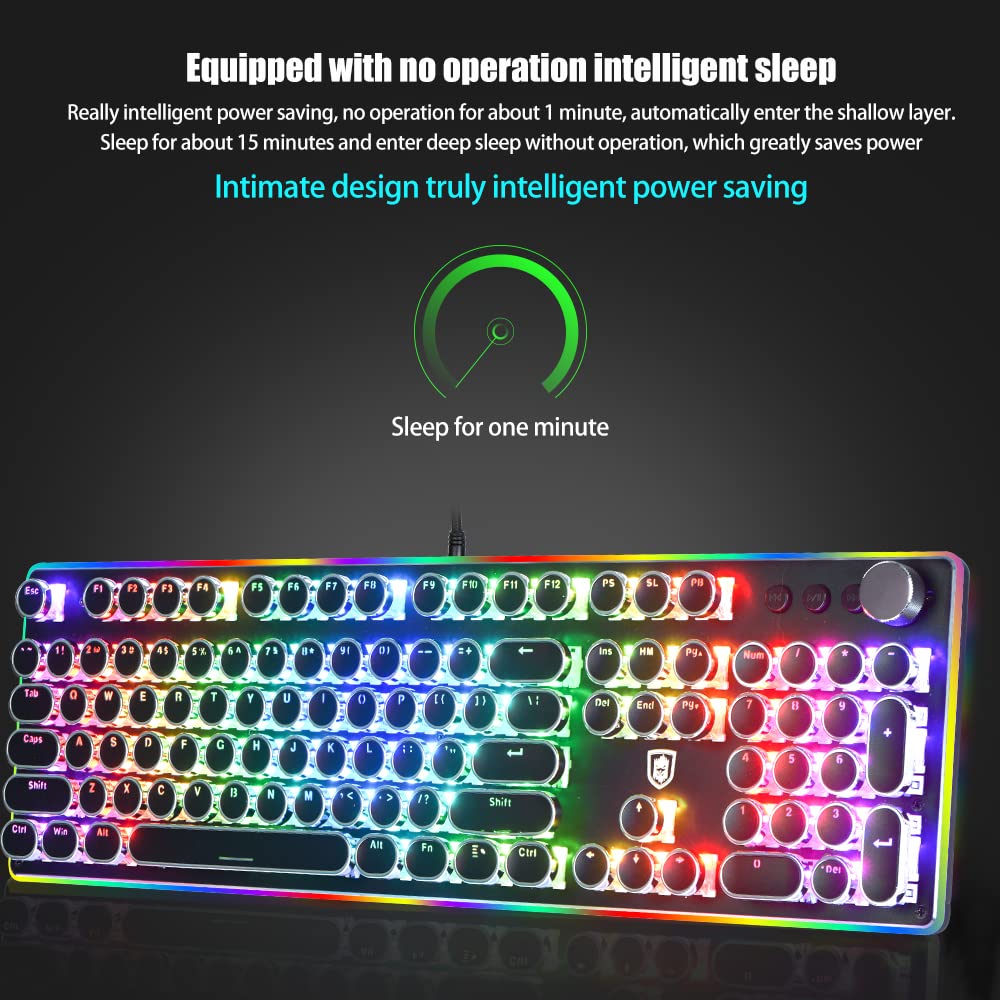 KOLMAX HUNTER Typewriter Style Mechanical Gaming Keyboard,RGB Backlit Wired Gaming Keyboard with Blue Switch Retro Steampunk Round 104 Anti-ghosting Retro Round Keycaps for Windows/Mac/PC