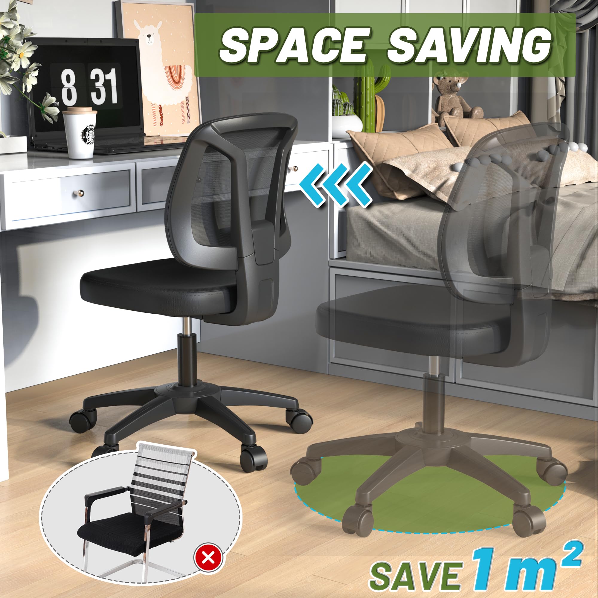 Modern Comfy Ergonomic No Arms Cute Office Swivel Computer Desk Task Chair with Adjustable Height Seat and Lumbar Support for Office Home Work Study