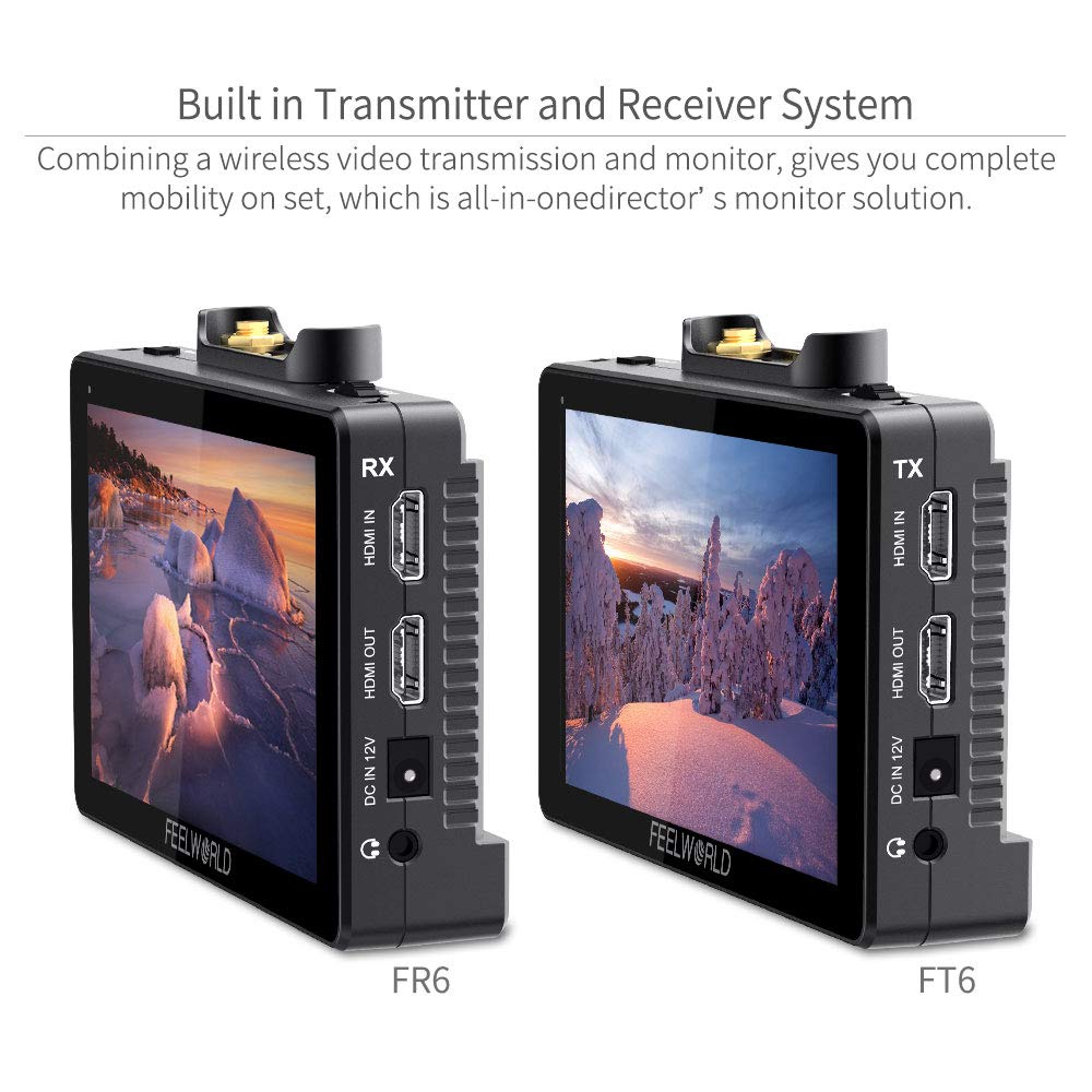 FEELWORLD FT6 FR6 5.5 Inch Wireless Video Transmission DSLR Camera Field Monitor Built in Transmitter and Receiver System Long Range 800ft Low Latency 0.07s Touch 3D LUT HDR 4K HDMI Director AC DP