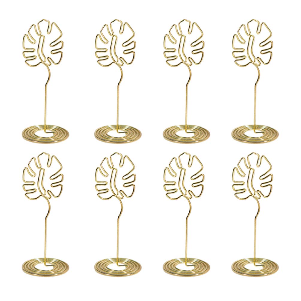 STOBOK 8pcs Place Card Holders Monstera Leaves Table Number Holders Metal Memo Photo Clips Tropical Hawaiian Luau Wedding Birthday Party Decorations Golden