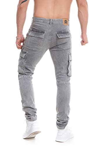 TEGIAS Mens Grey Slim Fit Stretch Jeans Classic Denim Work Pants with Pockets Casual Trousers 34