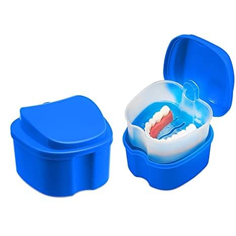 Denture Case, Denture Cup with Strainer,False Teeth Storage Box with Basket Net Container Holder for Travel, Retainer Cleaning (transparent Green)