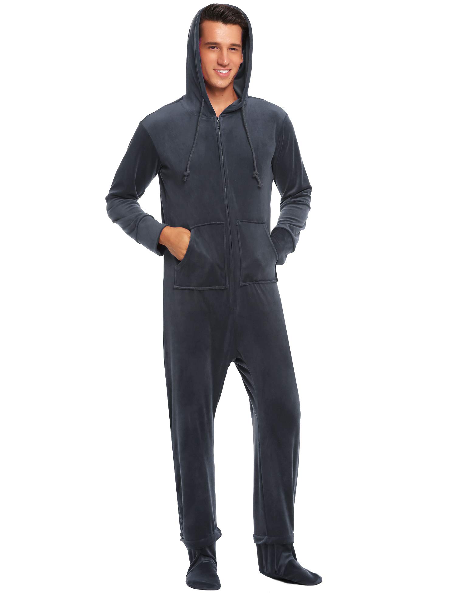 Ekouaer Men's Solid Onesie Jumpsuit One Piece Footed Pajamas Playsuit Dark Gray