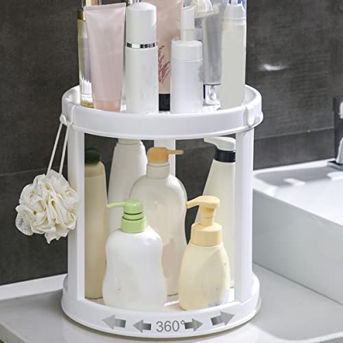 Fineget Large Rotating Lazy Susan Spice Rack Organizer 2 Tiers Countertop Shelf Turntable Spinning Storage Cabinet Plastic Shelves for Kitchen Bathroom White
