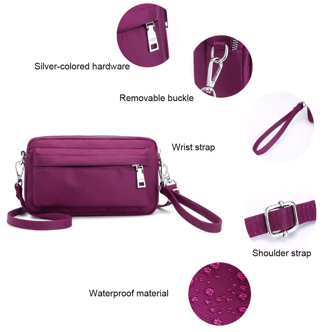 YANAIER Multi-Zipper Crossbody Handbag Purse, Women's Nylon Wristlet Mini Crossbody Bag Clutch with 2 Straps Dark Blue