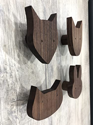 Tsnamay 4 Pack Animal Wood Wall Hooks, Black Walnut Unfinished Solid Wood Coat Hooks Wall Mounted for Hanging Bathroom Towels Clothes Hanger,Pattern Rabbit Cat Dog Fox