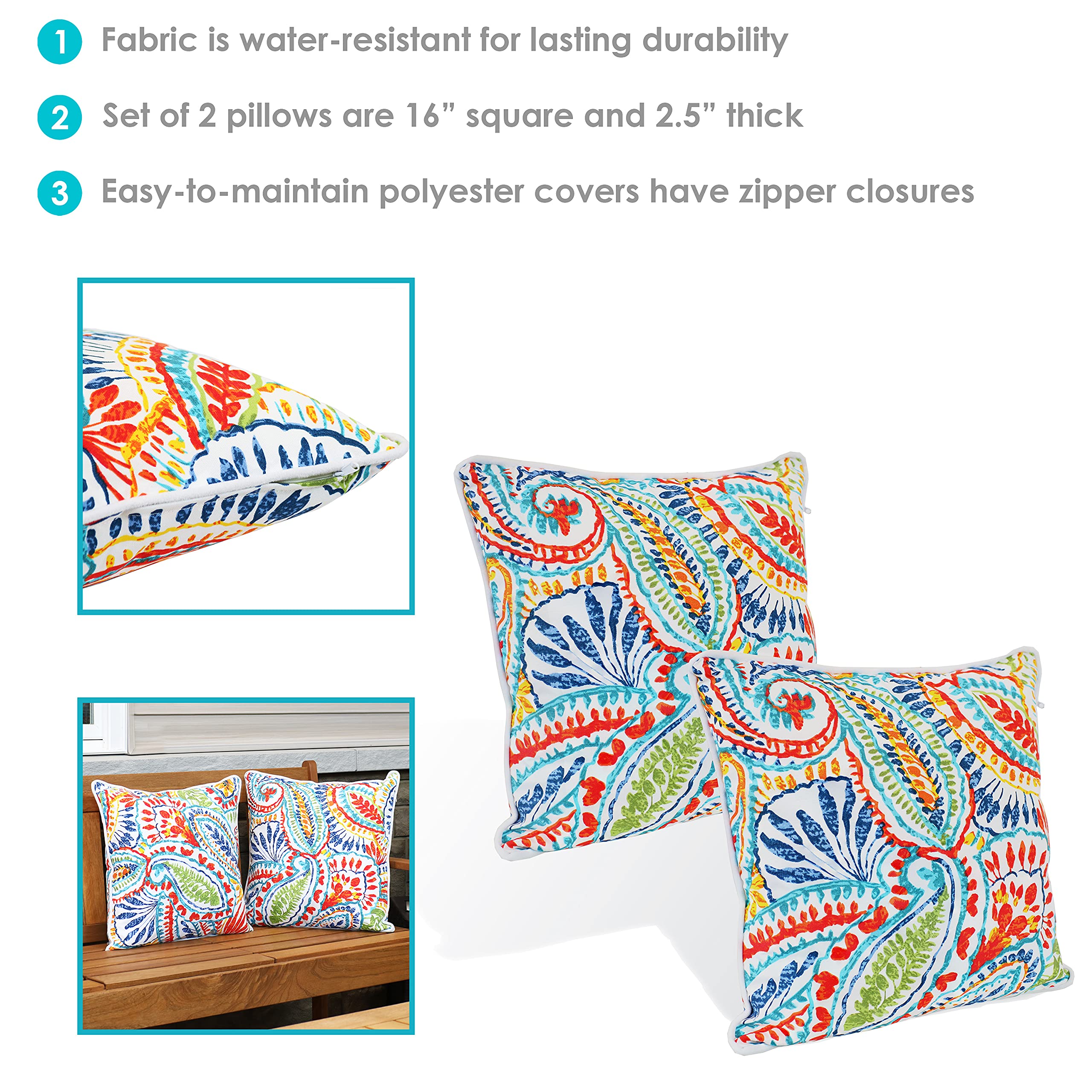 Sunnydaze 16-Inch Square Decorative Outdoor Throw Pillows - Set of 2 - Bold Paisley - for Indoor and Outdoor Use