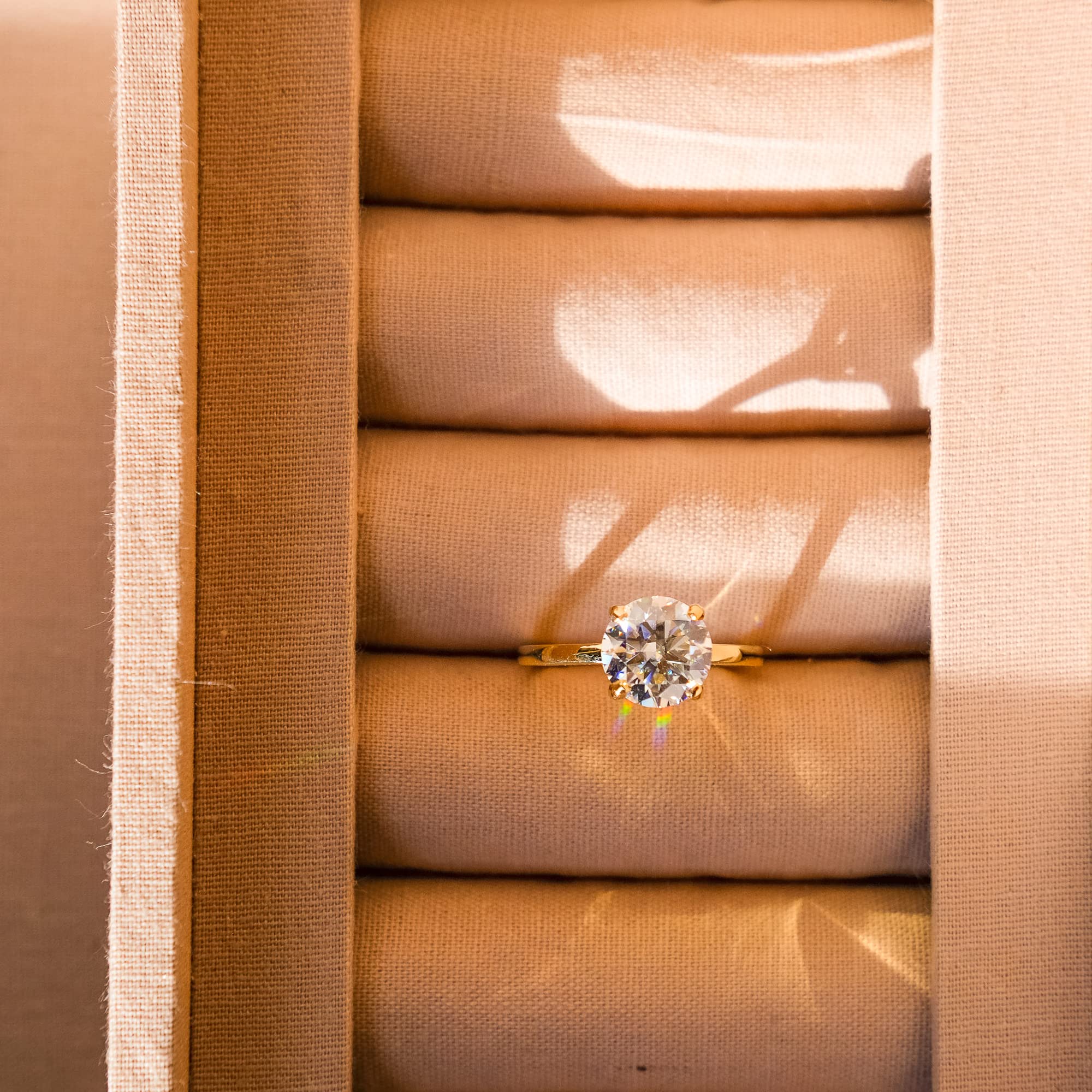 espere 3 Carat Round Moissanite Engagement Ring in 14K Yellow Gold | Round Cut Classic Solitaire Engagement Ring in Plain Band Size 7