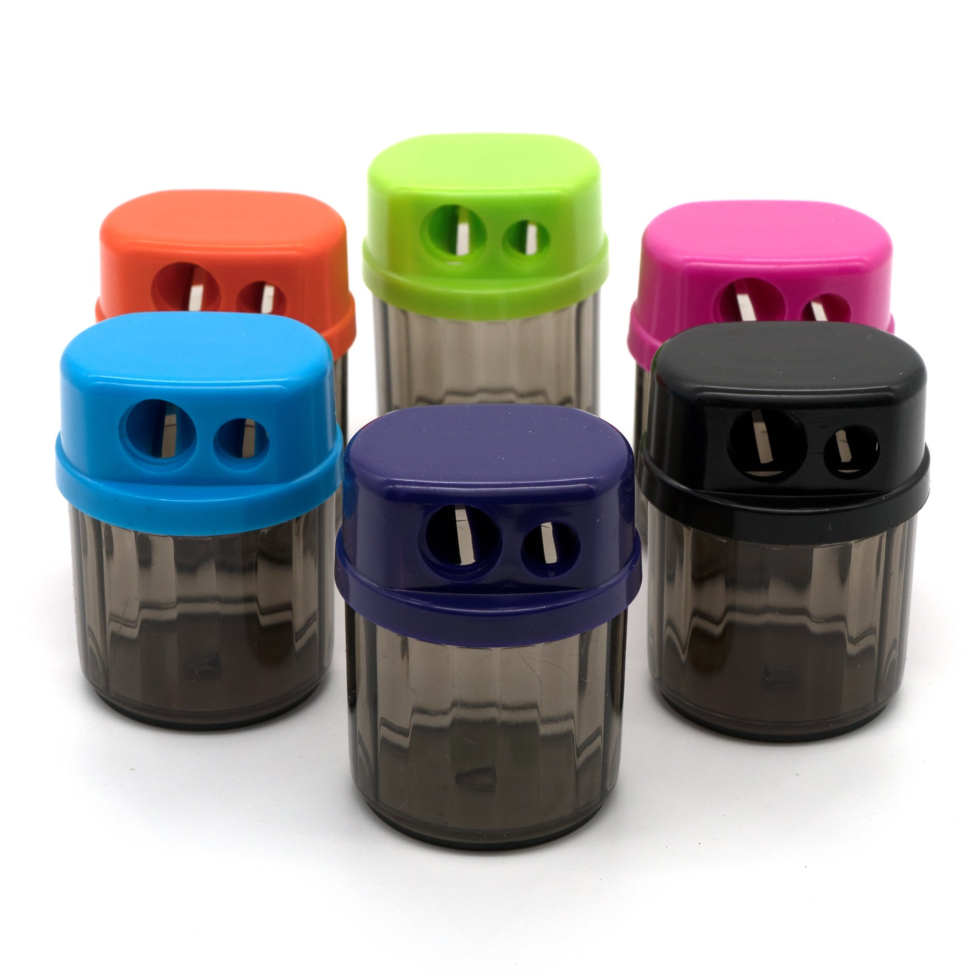 Emraw Dual Blades Sharpener w/Round Receptacle to Catch Shavings for Regular/Oversize Pencils/Crayons in Blue, Green, Pink, Purple, Orange & Black Plastic - Great for School, Home & Office (6 Pack)