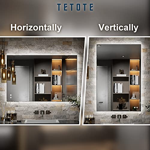 TETOTE 24 x 36 Inch LED Mirror Backlit Bathroom,Anti-Fog Mirror with Light,Dimmable,CRI90+,IP54 Water Proof,Wall Mounted Vanity Lighted Mirror,Horizontal/Vertical