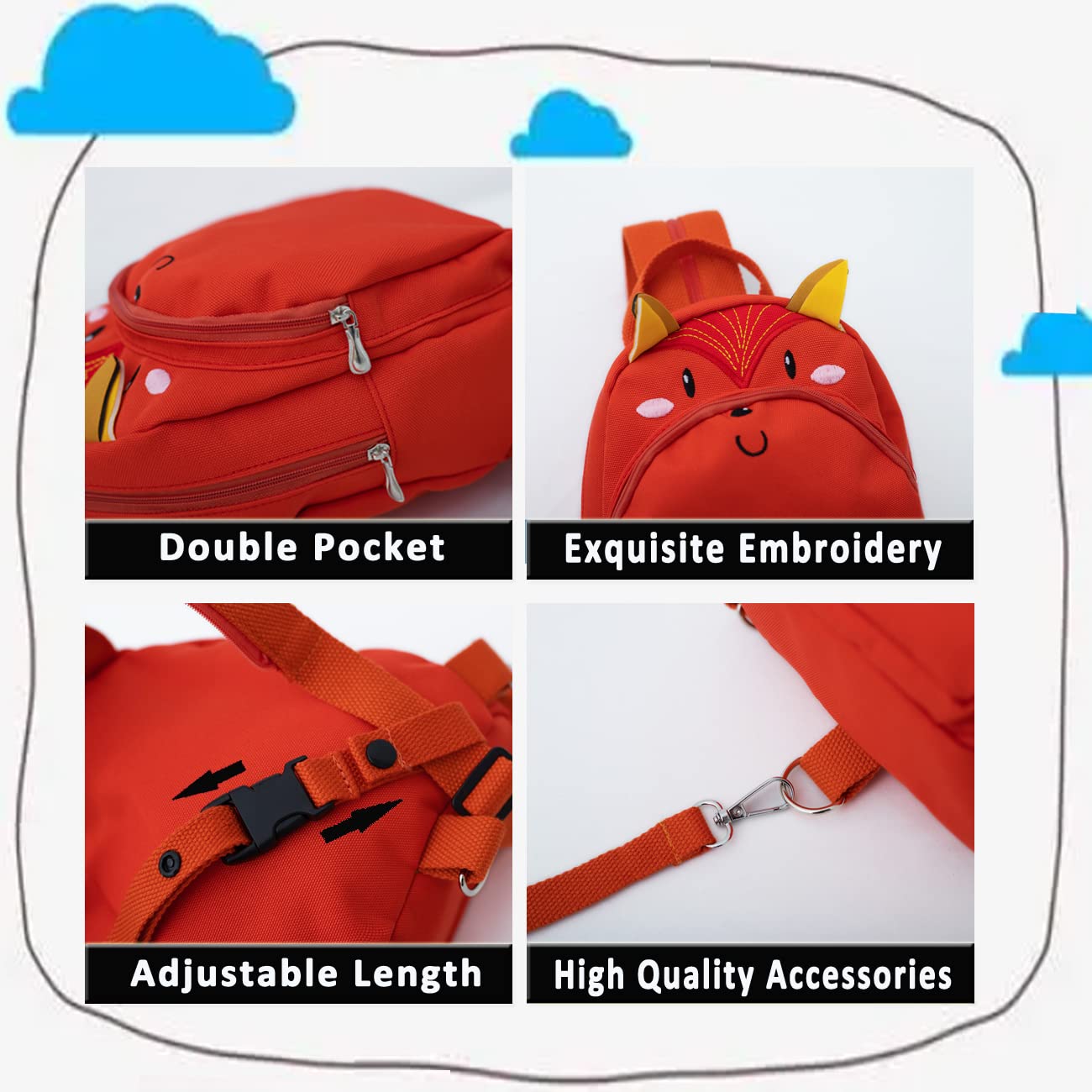 Kids Boys Girls Convertible Chest Bag Mini Backpack with Anti-Lost Leash Child Kids Wrist Link Wristband (Fox)