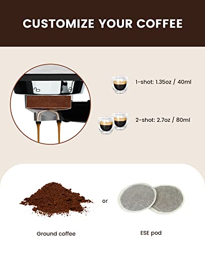 Teglu Espresso Machine 20 Bar with Milk Frother, Semi-Automatic Latte & Cappuccino Coffee Maker Duo-cup 33oz/1L Removable Water Tank for Home/Office, 1450W, Stainless Steel