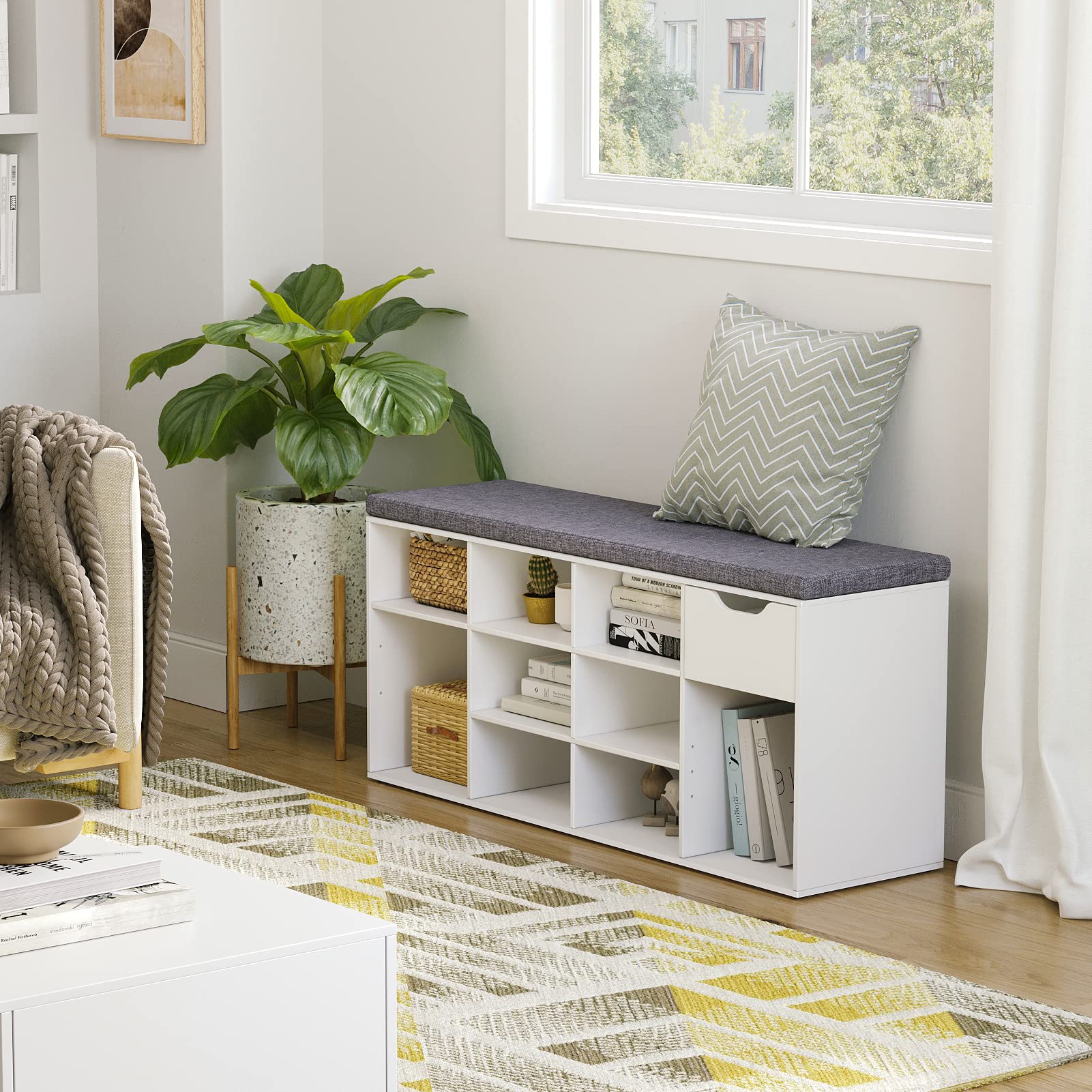 DINZI LVJ Shoe Bench, Entryway Storage Bench with Drawer and 11 Cubbies, Cubby Shoe Rack with Adjustable Shelves, Shoe Organizer Cabinet for Living Room, Bedroom, Mudroom, Closet and Garage, White