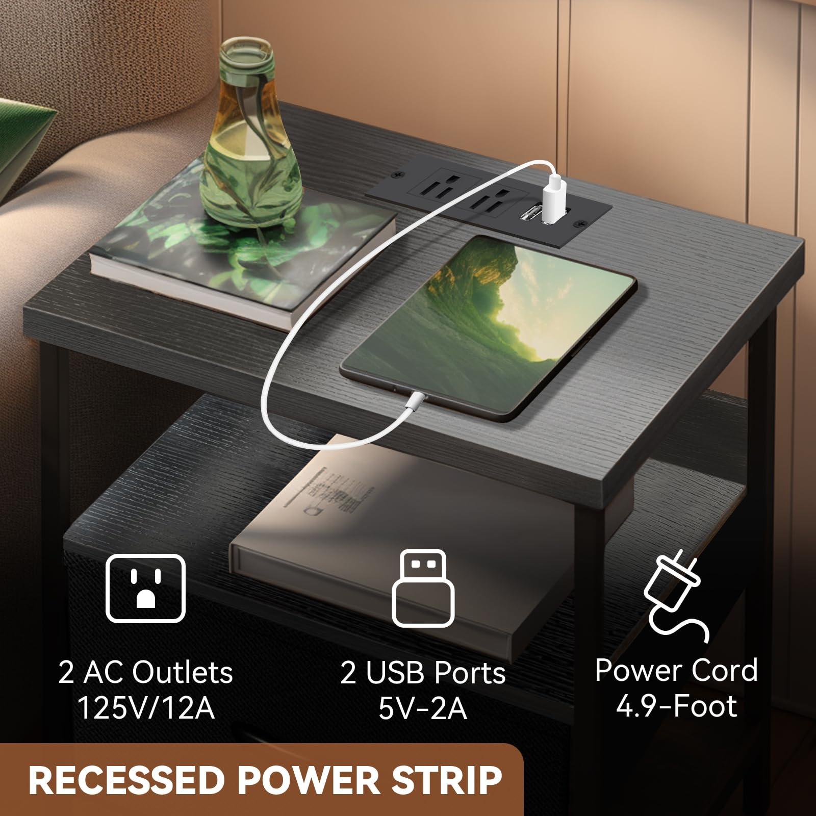 Night Stand Set of 2, Bedside Tables with Fabric Drawers, Side Table with Charging Station, LED Nightstand with USB Ports and Outlets, Small End Table for Bedroom, Rustic Brown