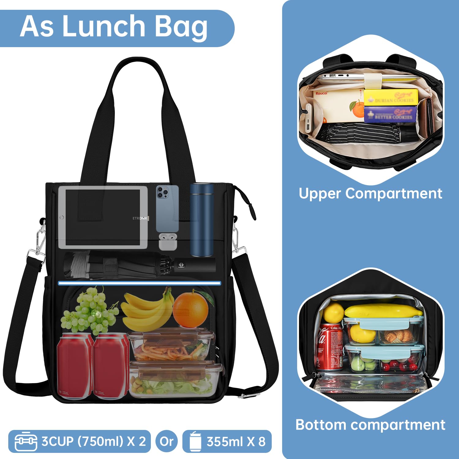 ETRONIK Lunch Bag for Women Work, Large Leakproof Insulated Lunch Box with Laptop Compartment, Wide-Open Tote Cooler Bag with Removable Strap,Cute Lunch Tote Bag for Work Picnic Camping Beach black